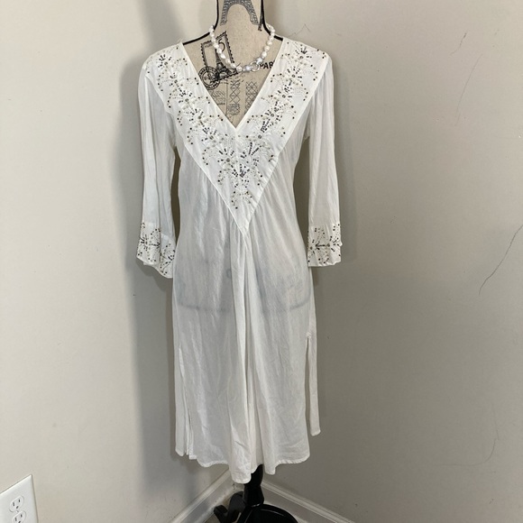 Zara | Dresses | Zara Womens White Beaded Bohemian Midi Dress Bell 34 ...